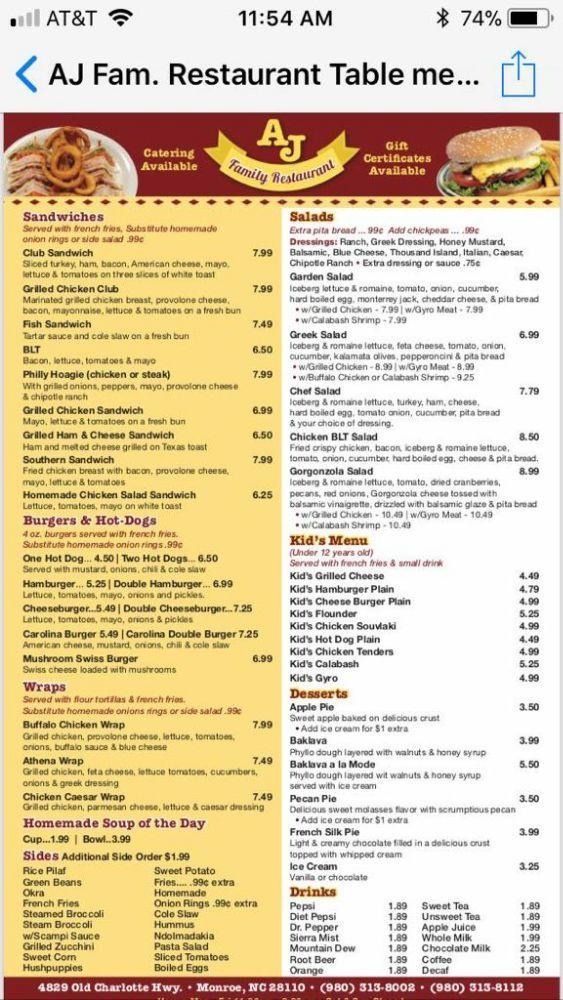 Menu at AJ Family Restaurant, Monroe