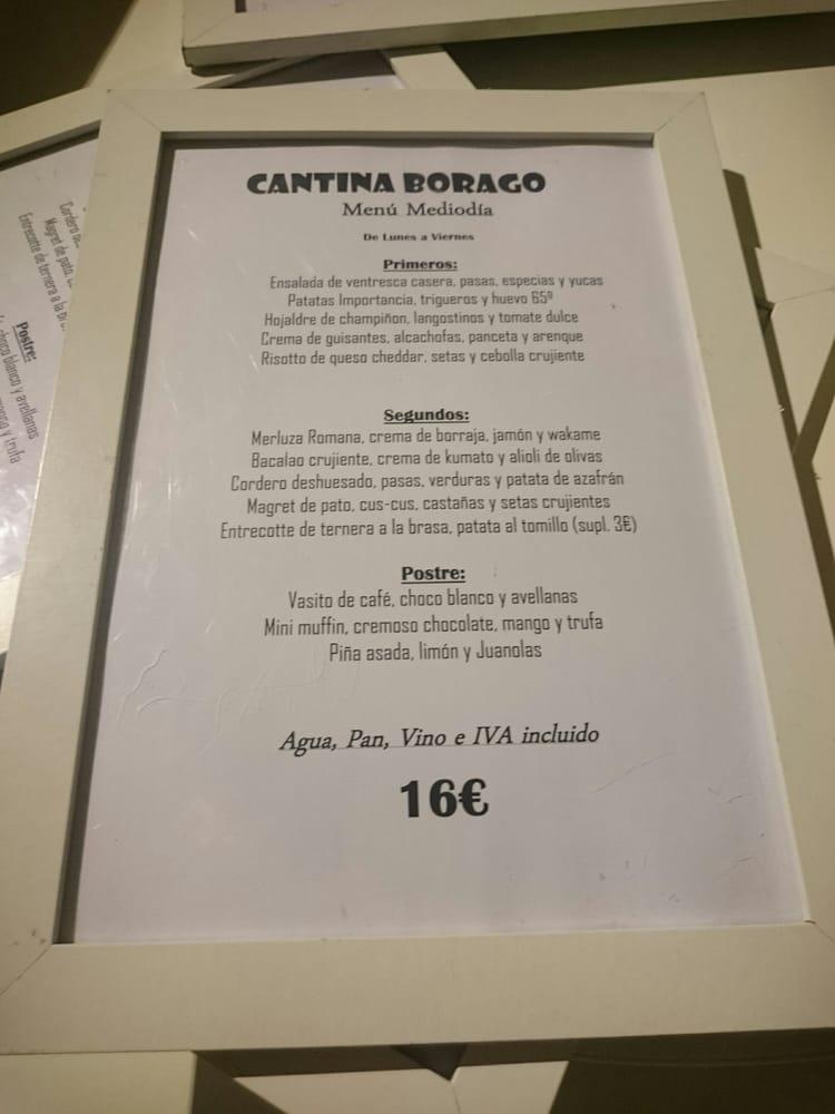 Carta del pub y bar Cantina Borago, Zaragoza