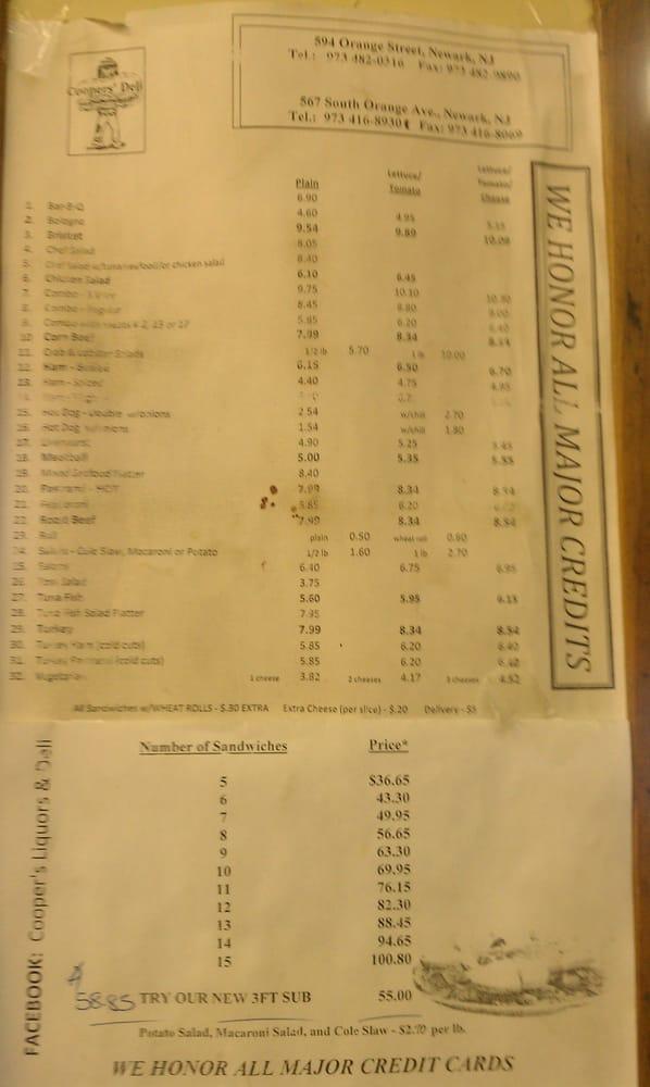Menu at Coopers Deli restaurant, Newark