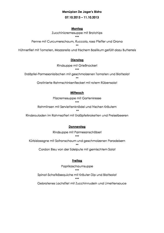 Menu at De Jager's restaurant, Vienna