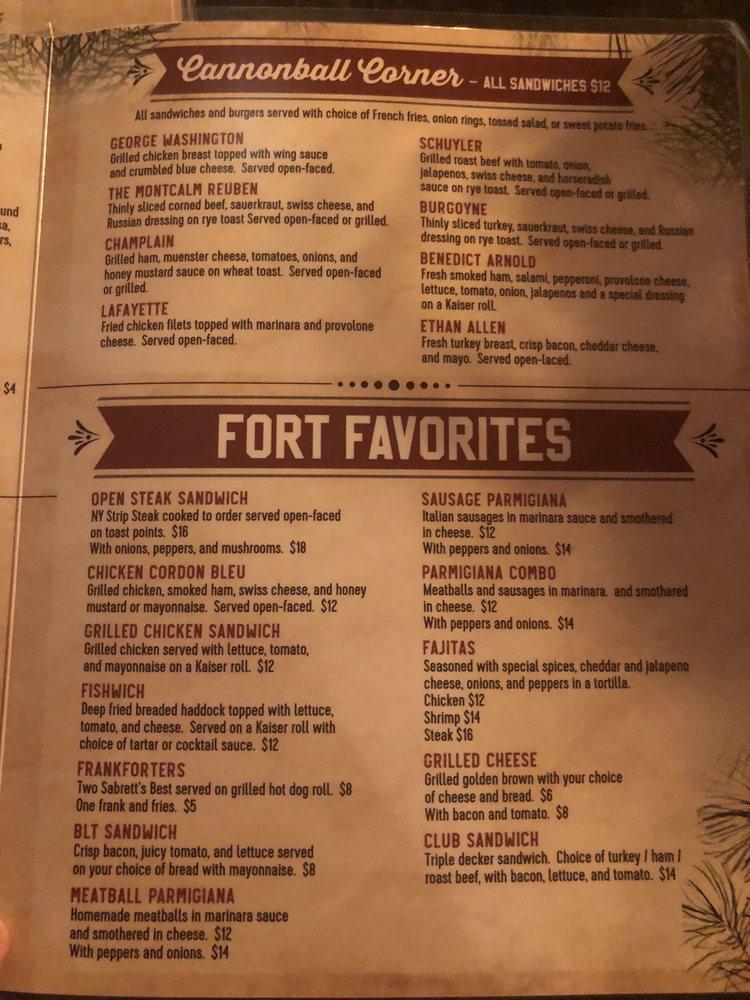 Menu at Fort View Inn restaurant, Ticonderoga
