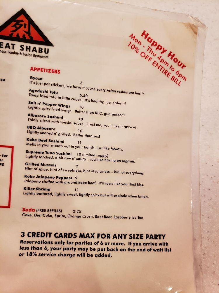 Menu at Heat Shabu - Downtown restaurant, Sacramento, 18th St