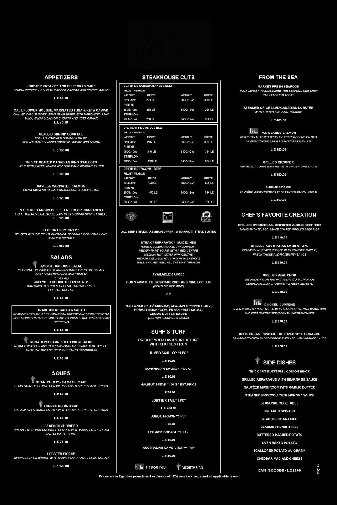 Menu at JW Steakhouse Cairo Mirage City, New Cairo City, Ring Road ...