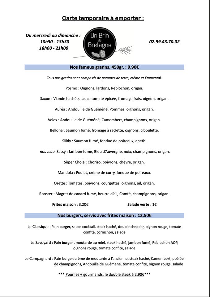 Menu au Un Brin De Bretagne restaurant, Bain-de-Bretagne