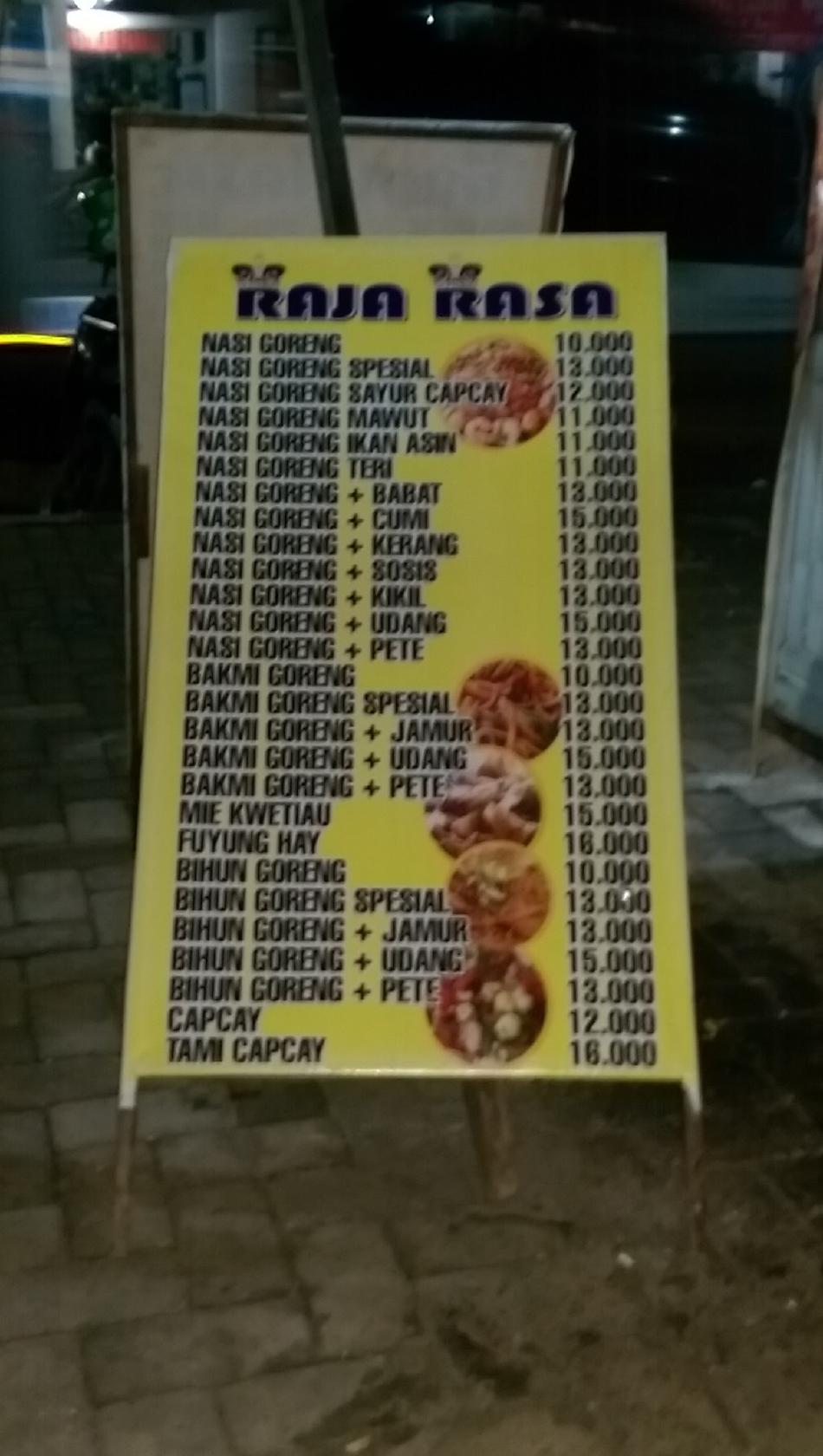 Menu at Nasgor Raja Rasa restaurant, Malang, Jl. Mayjen Sungkono