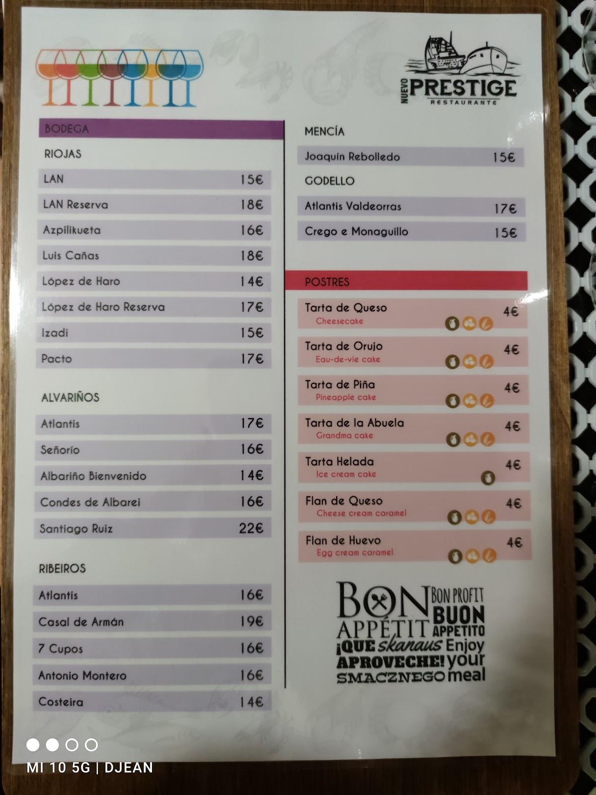 Menu at O Prestige restaurant, Fisterra