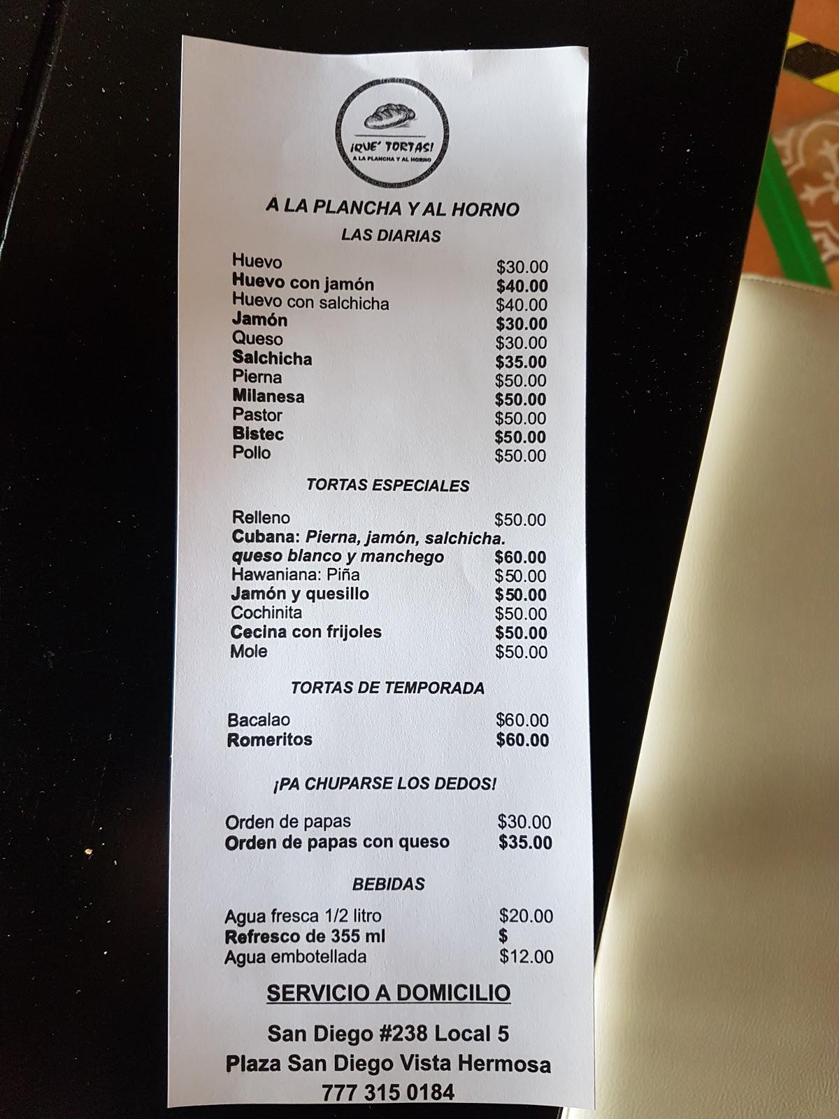 Menu at ¡Que' Tortas! restaurant, Cuernavaca