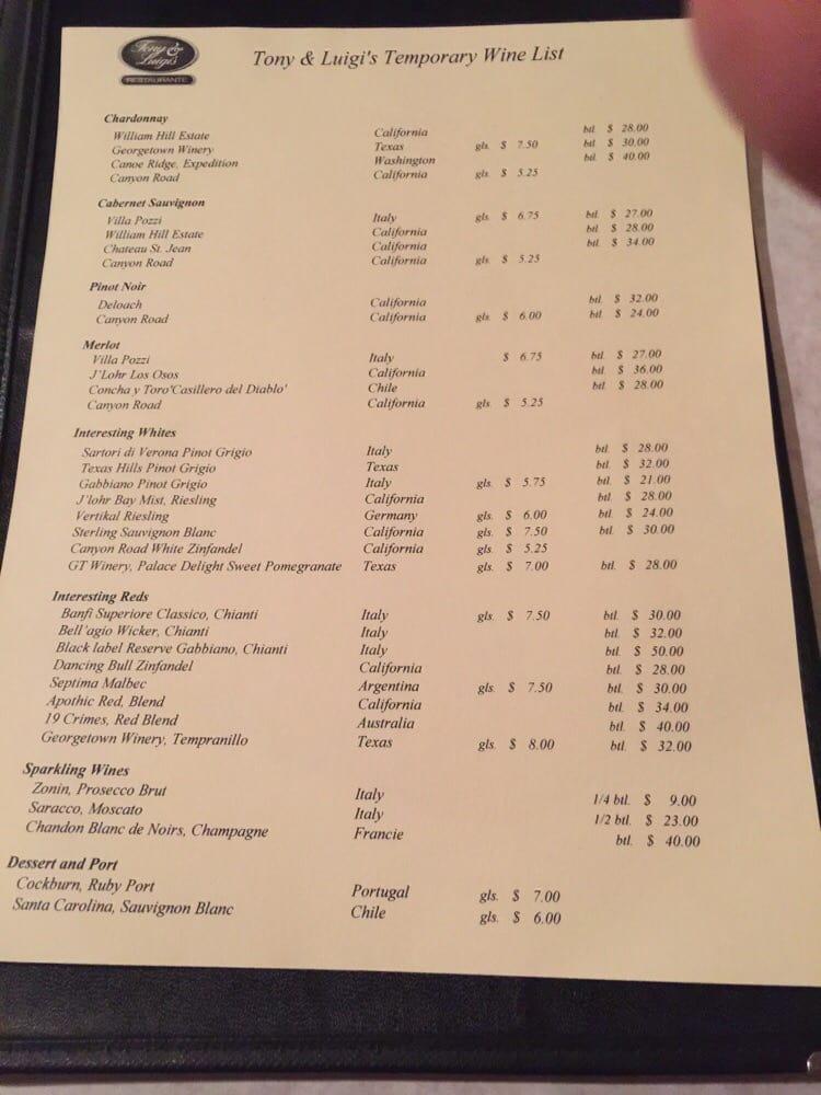 Menu at Tony And Luigi's restaurant, Georgetown