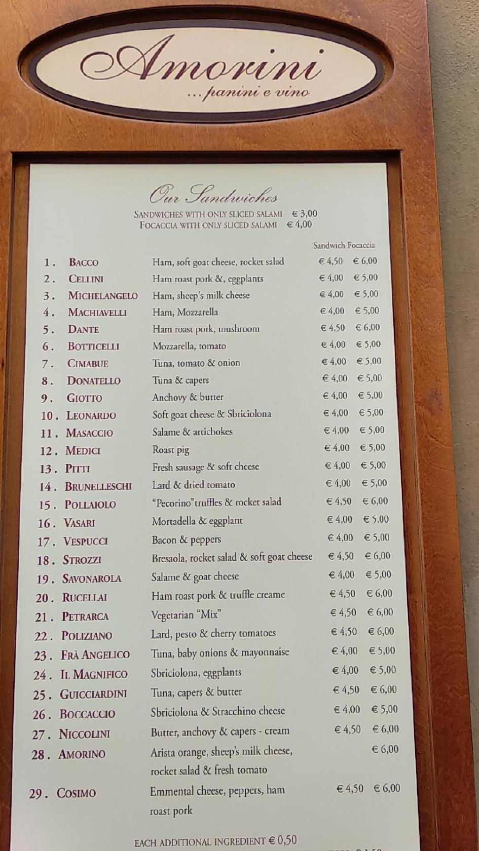 Menu at Amorini Panini e Vino Firenze pub & bar, Florence, Via dei Servi