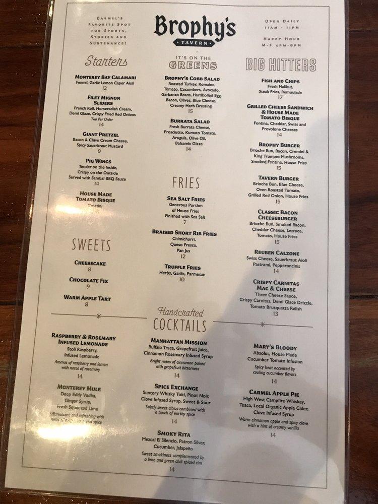 Menu at Brophy's Tavern pub & bar, Carmel-by-the-Sea