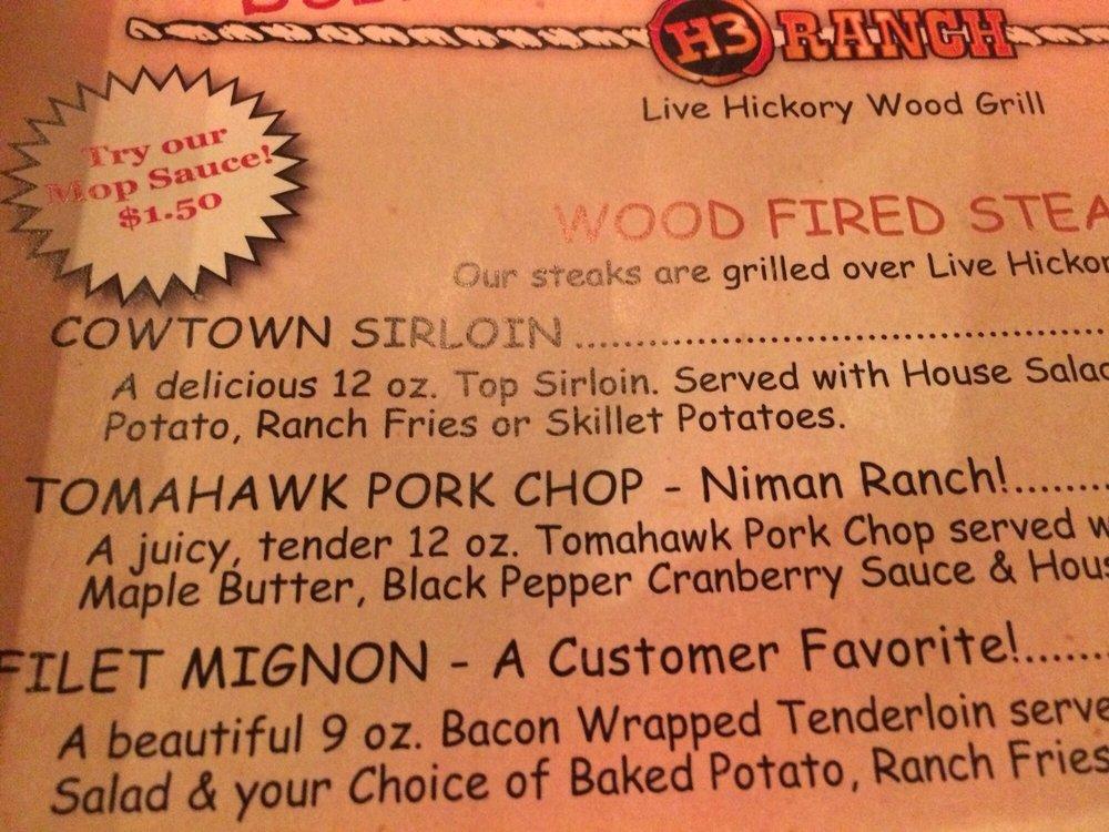 Menu at H3 Ranch steakhouse, Fort Worth
