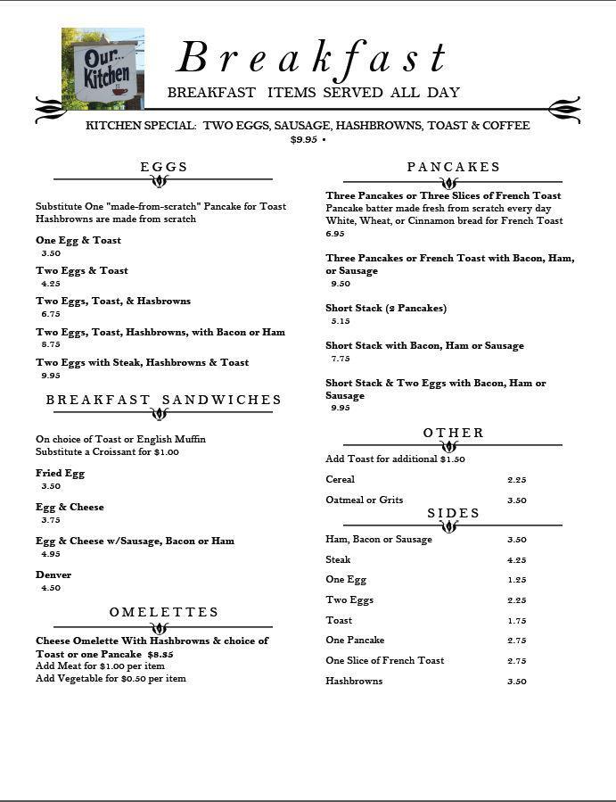 Menu at Our Kitchen restaurant, Minneapolis