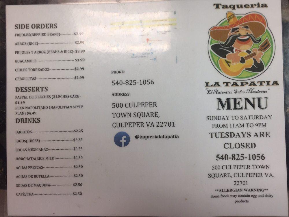 Menu at Taqueria La Tapatia restaurant, Culpeper