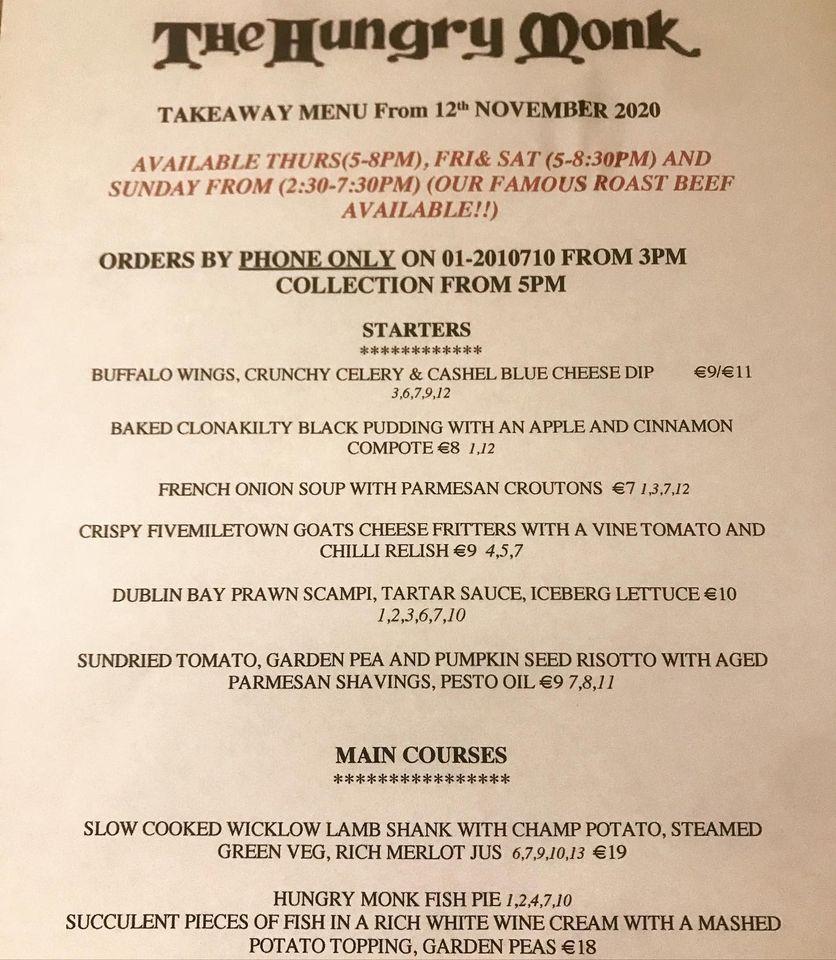 Menu at The Hungry Monk restaurant, Greystones