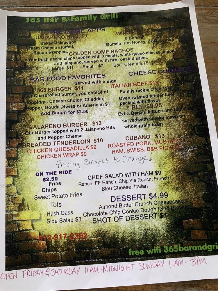 Menu at 365 Bar & Grill, Terre Haute