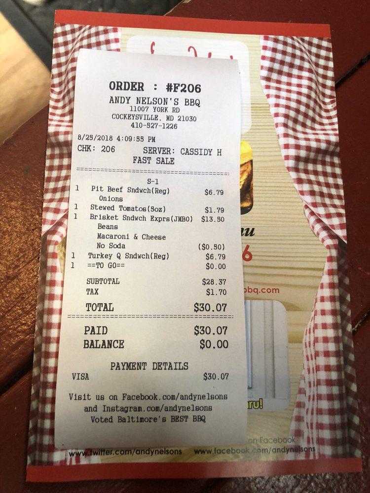 Menu at Andy Nelson's Barbecue Restaurant & Catering, Cockeysville