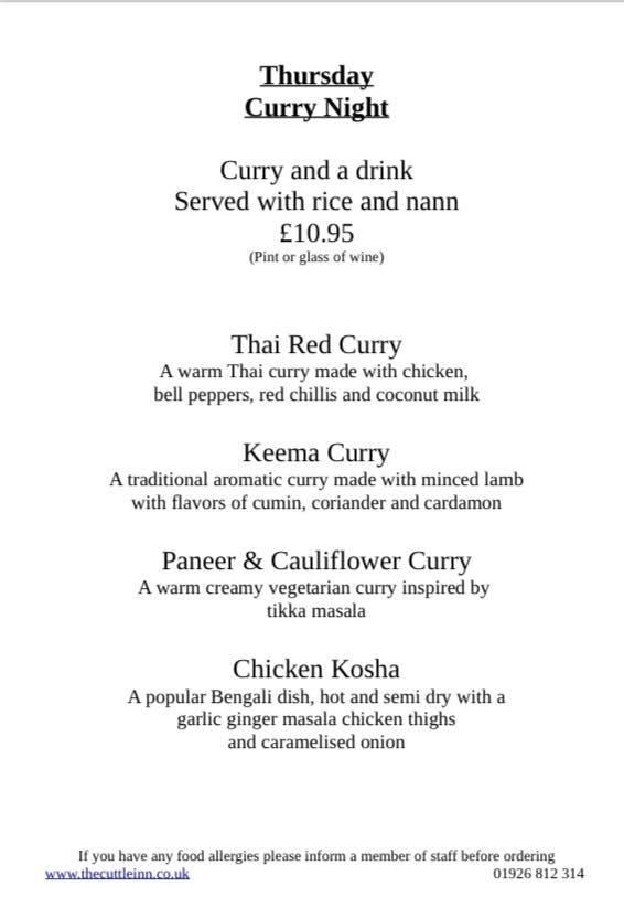 Menu at Cuttle Inn pub & bar, Long Itchington