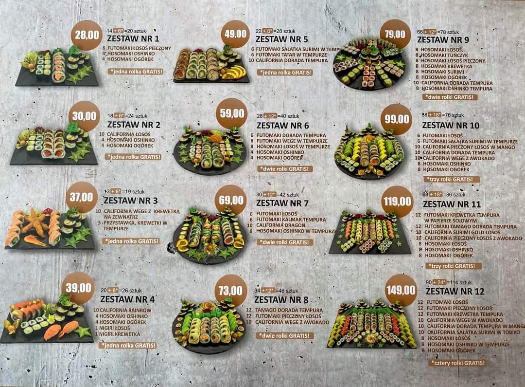 Menu at NOVA SUSHI restaurant, Torun, Kardynała Stefana Wyszyńskiego 19
