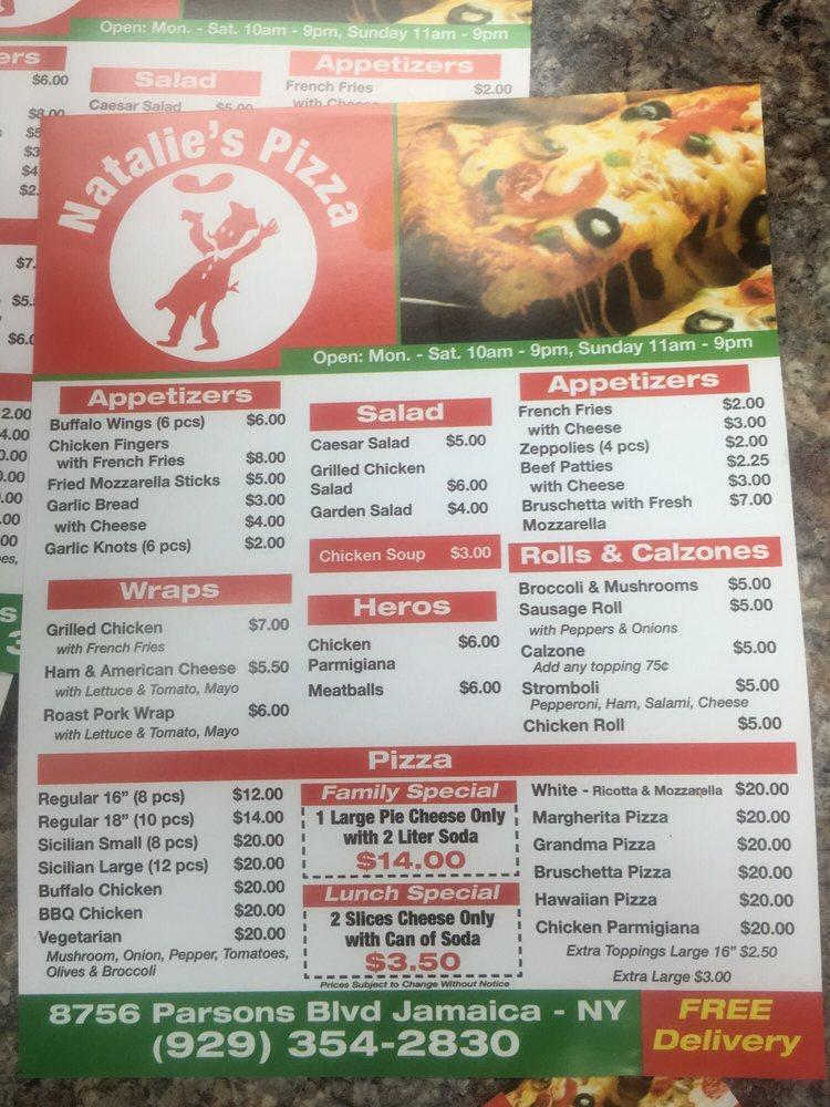 Menu at Natalie's Pizza pizzeria, New York City