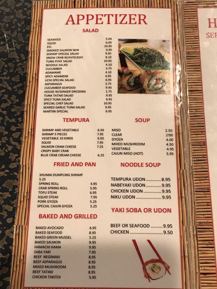 Menu at Uchi Sushi restaurant, Destrehan