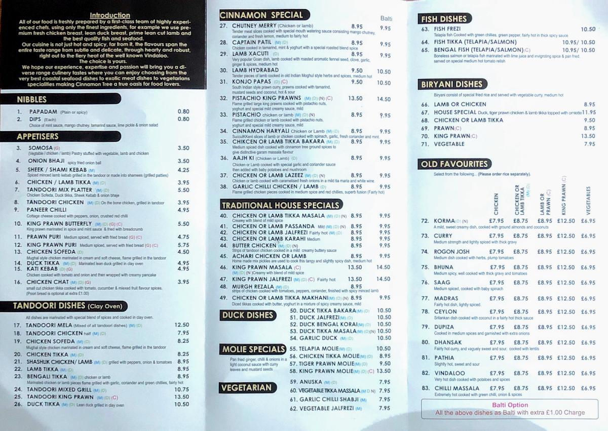 Menu at Cinnamon Tree fast food, Halstead
