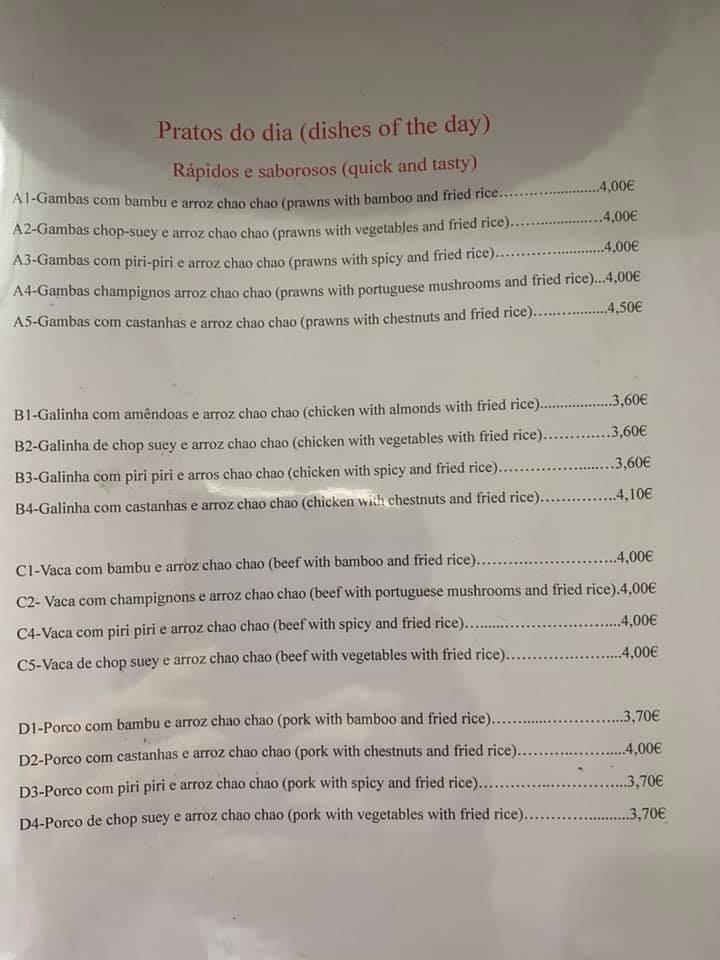Menu em Restaurante Chinês Xing Long, Bragança