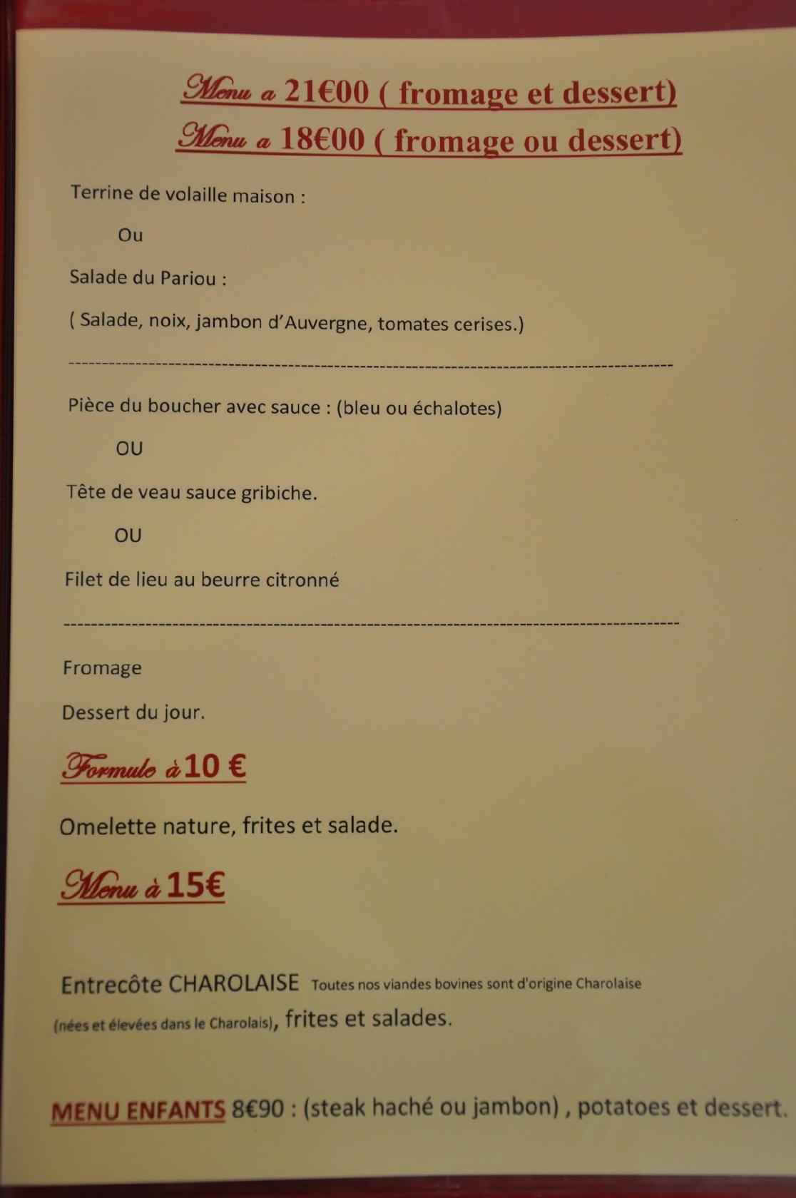 Menu au Auberge des Volcans d'Auvergne restaurant, Mably