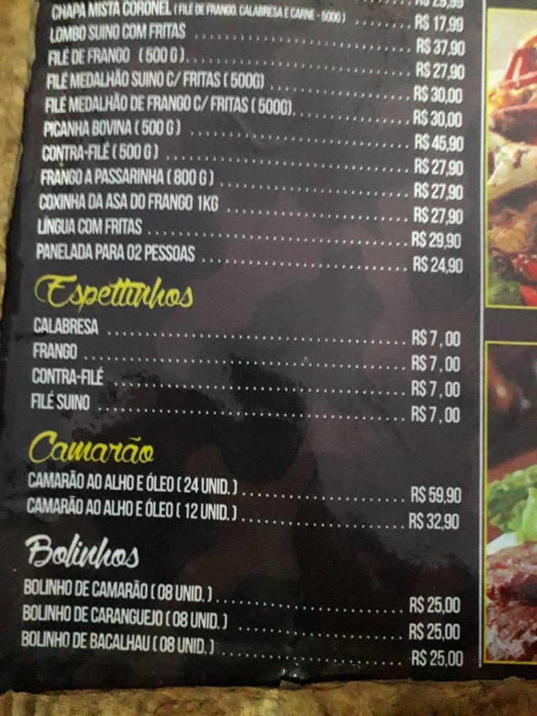 Menu at Bar Colonel, Teresina