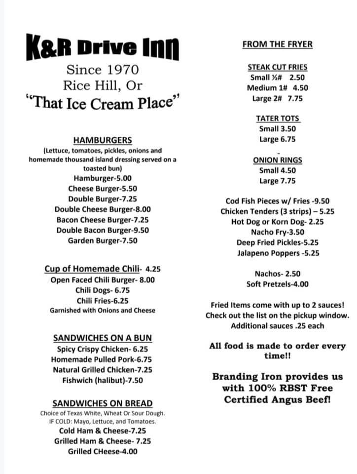 Menu at K & R Drive-In restaurant, Rice Hill