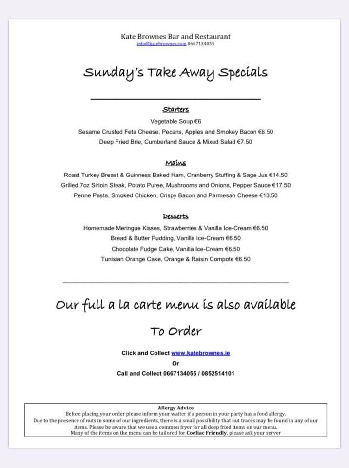 Menu at Kate Browne's Restaurant & Bar, Ardfert