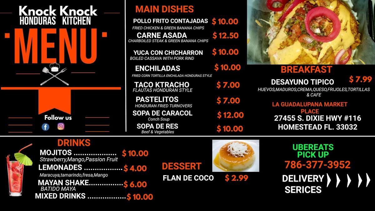 Menu at Knock knock honduras kitchen restaurant, Homestead