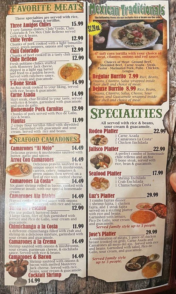 Menu at La Costa restaurant, Emmett