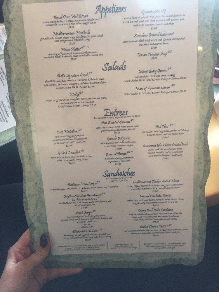 Menu at Mythos Restaurant, Orlando