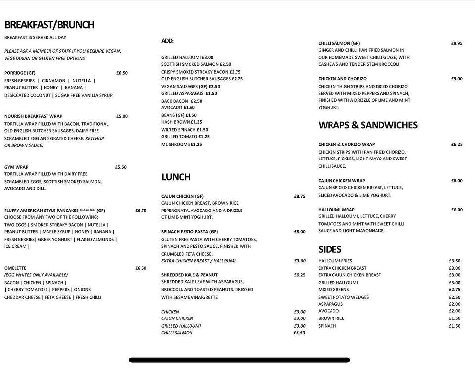 Menu at Nourish cafe, Wilmslow