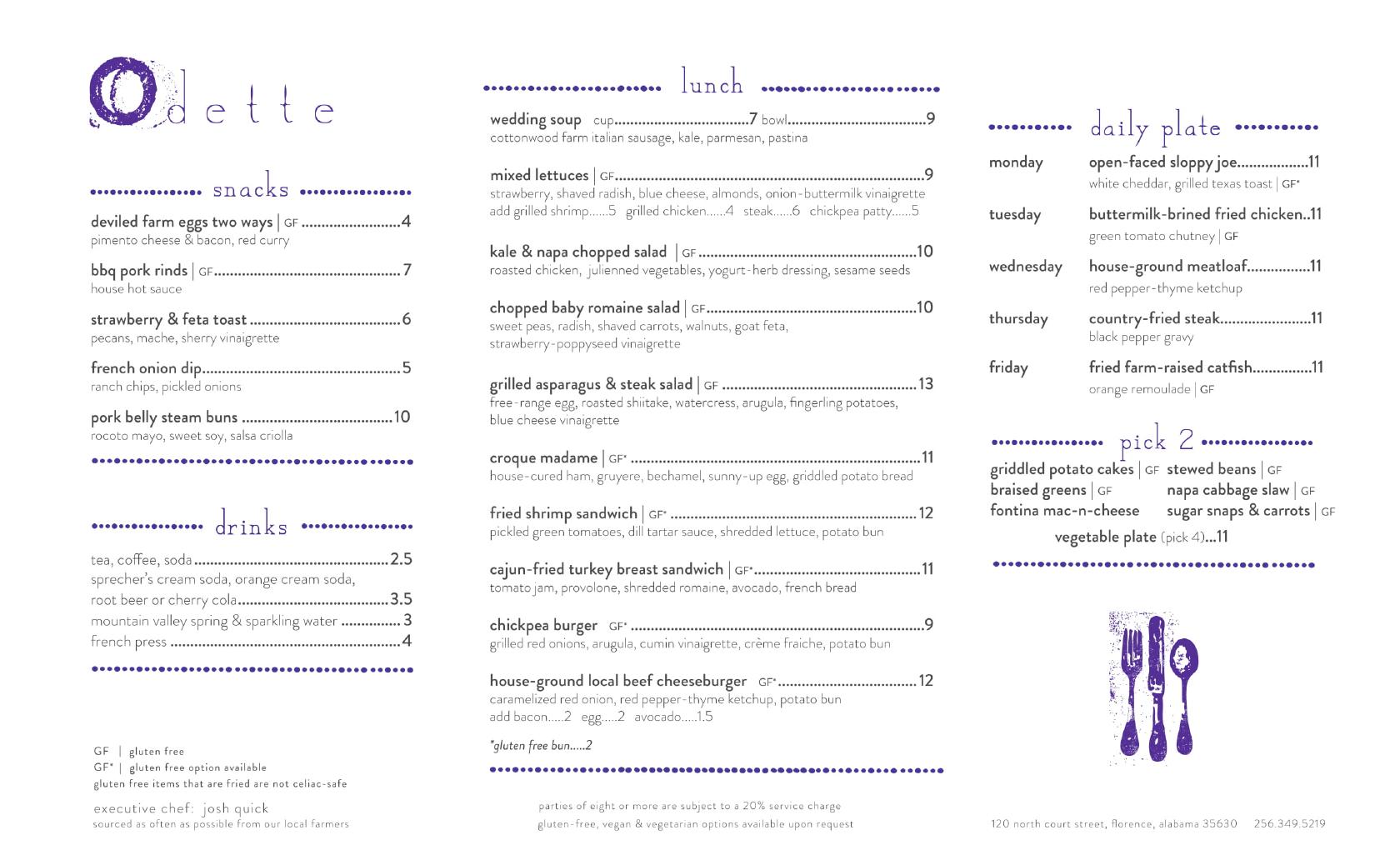 Menu at Odette pub & bar, Florence