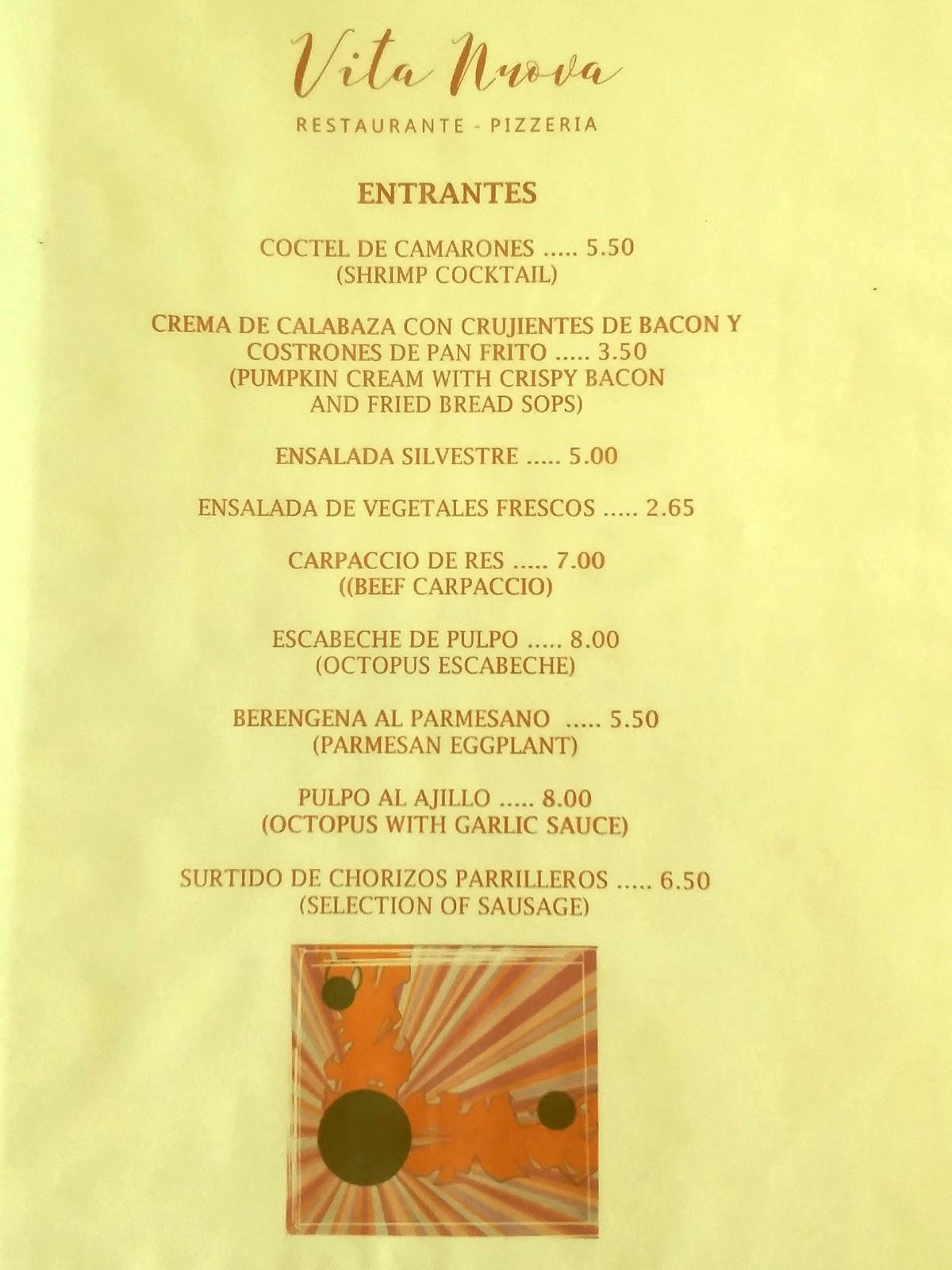 Menu at Vita Nuova restaurant, Havana