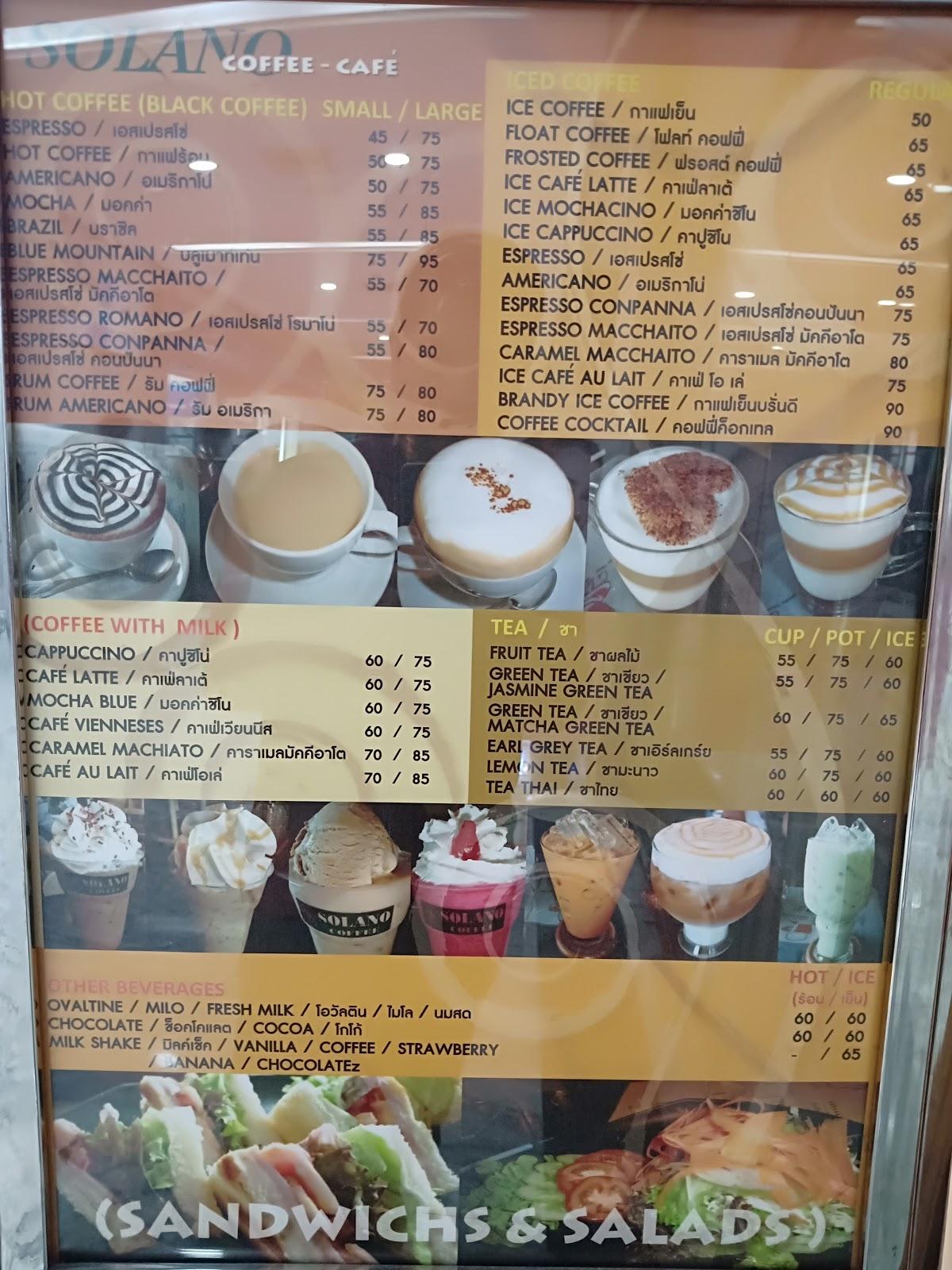Menu at Solano Coffee, Bangkok