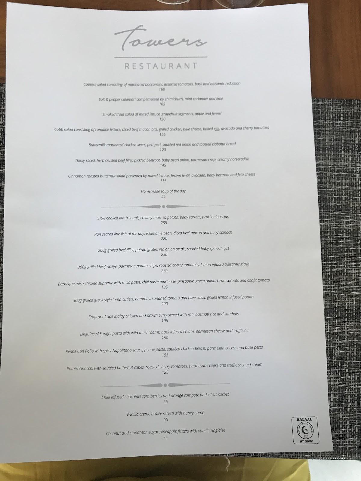 Menu at Towers Restaurant, Cape Town