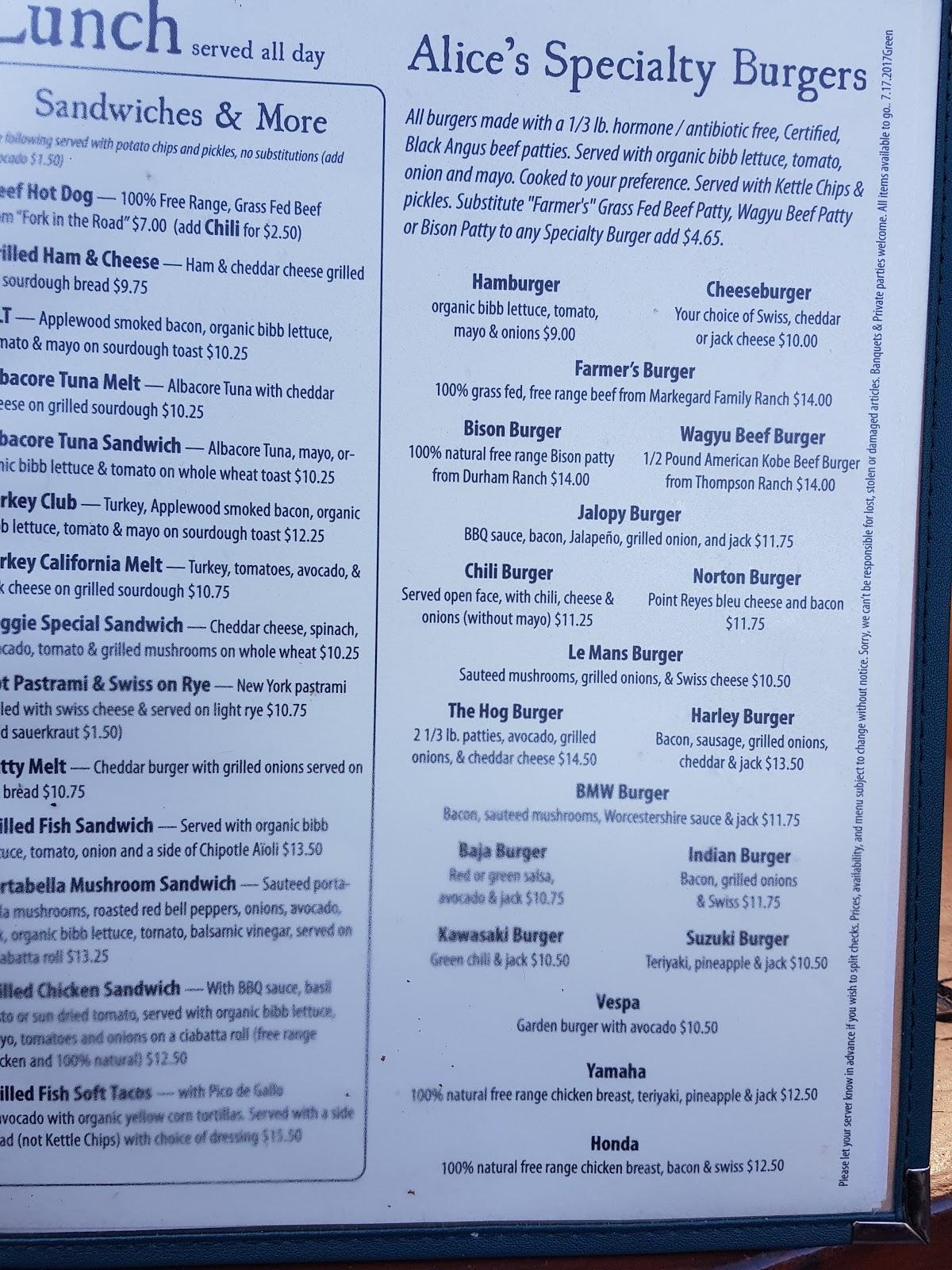 Menu at Alice's Restaurant, Woodside, Skyline Blvd