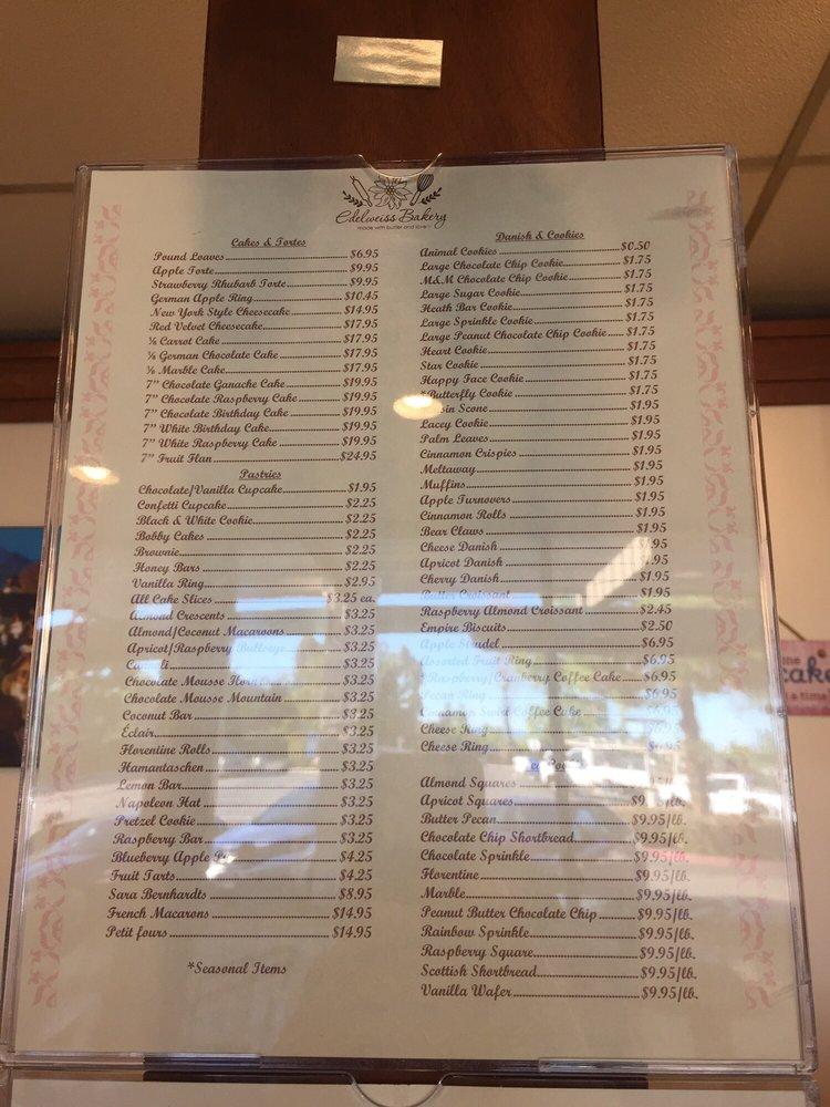 Menu at Edelweiss Bakery, San Diego, Duenda Rd