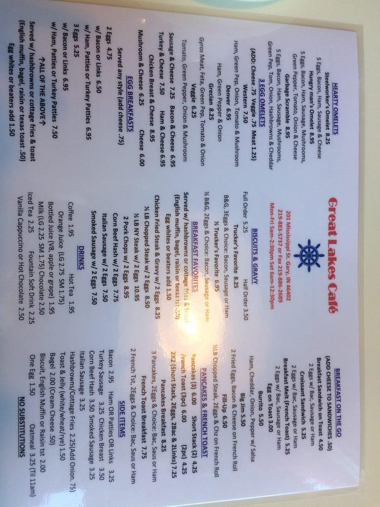 Menu at Great Lakes Cafe, Gary