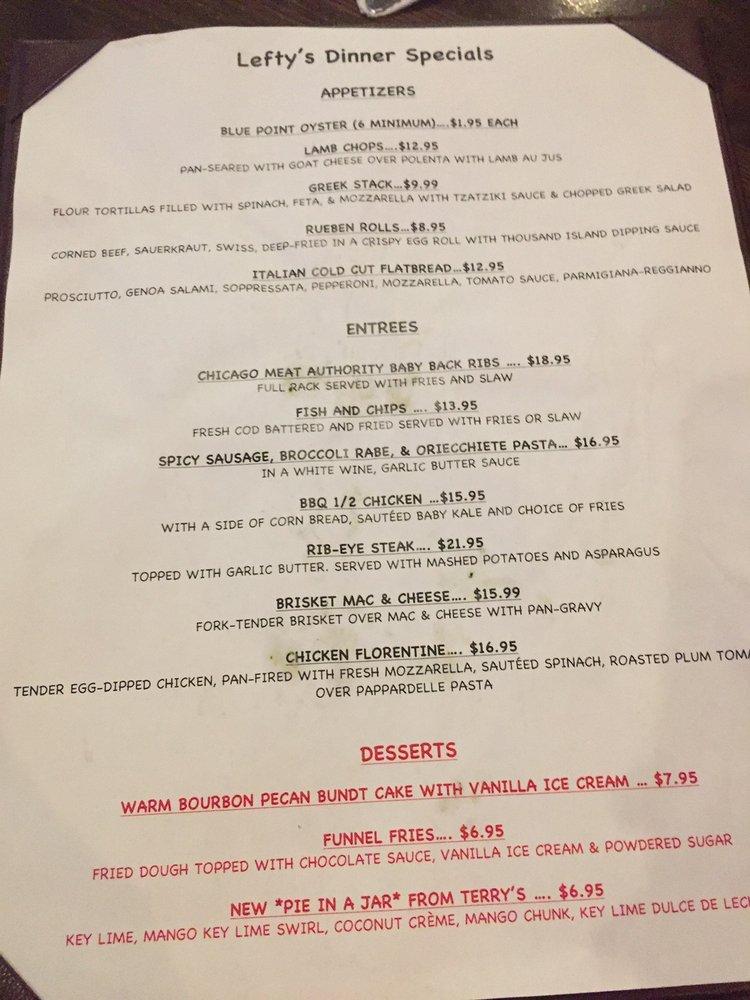 Menu at Lefty's Tavern & Grill pub & bar, Coral Springs