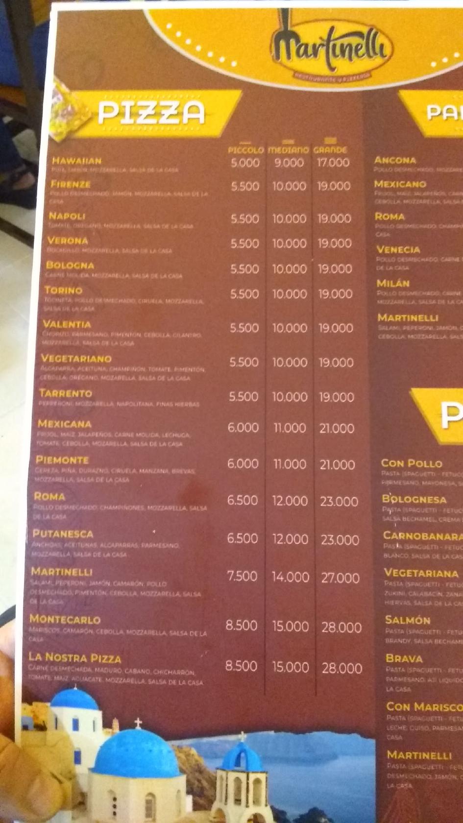 Menu at Martinelli restaurant, Piedecuesta