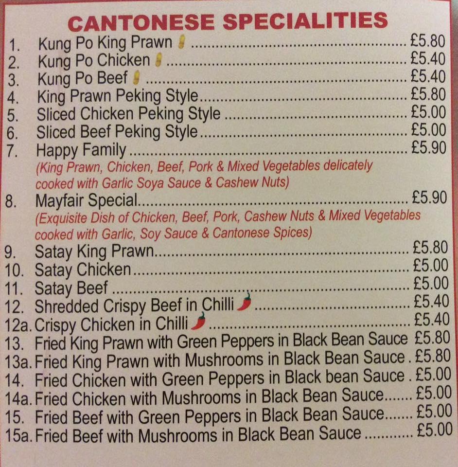 Menu at Mayfair Chinese fast food, Coventry