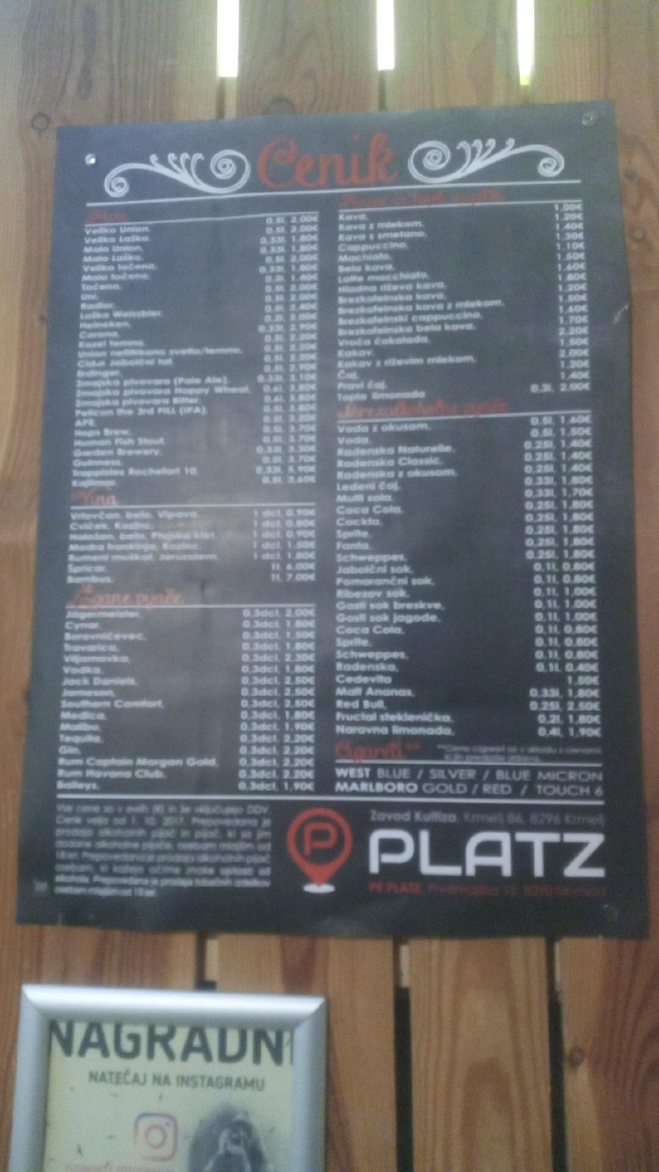 Speisekarte von PLATZ pub & Bar, Sevnica
