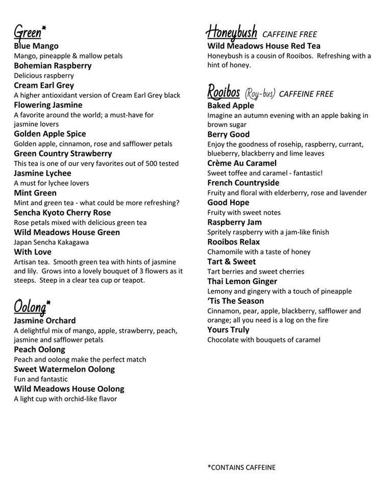 Menu at Wild Meadows Cafe, Broken Arrow