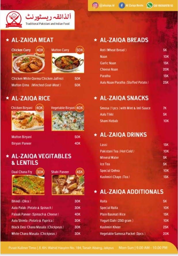 Menu at Al Zaiqa Resto restaurant, Central Jakarta