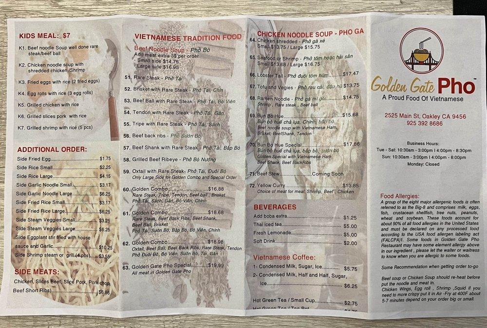 Menu at Golden Gate Pho restaurant, Oakley