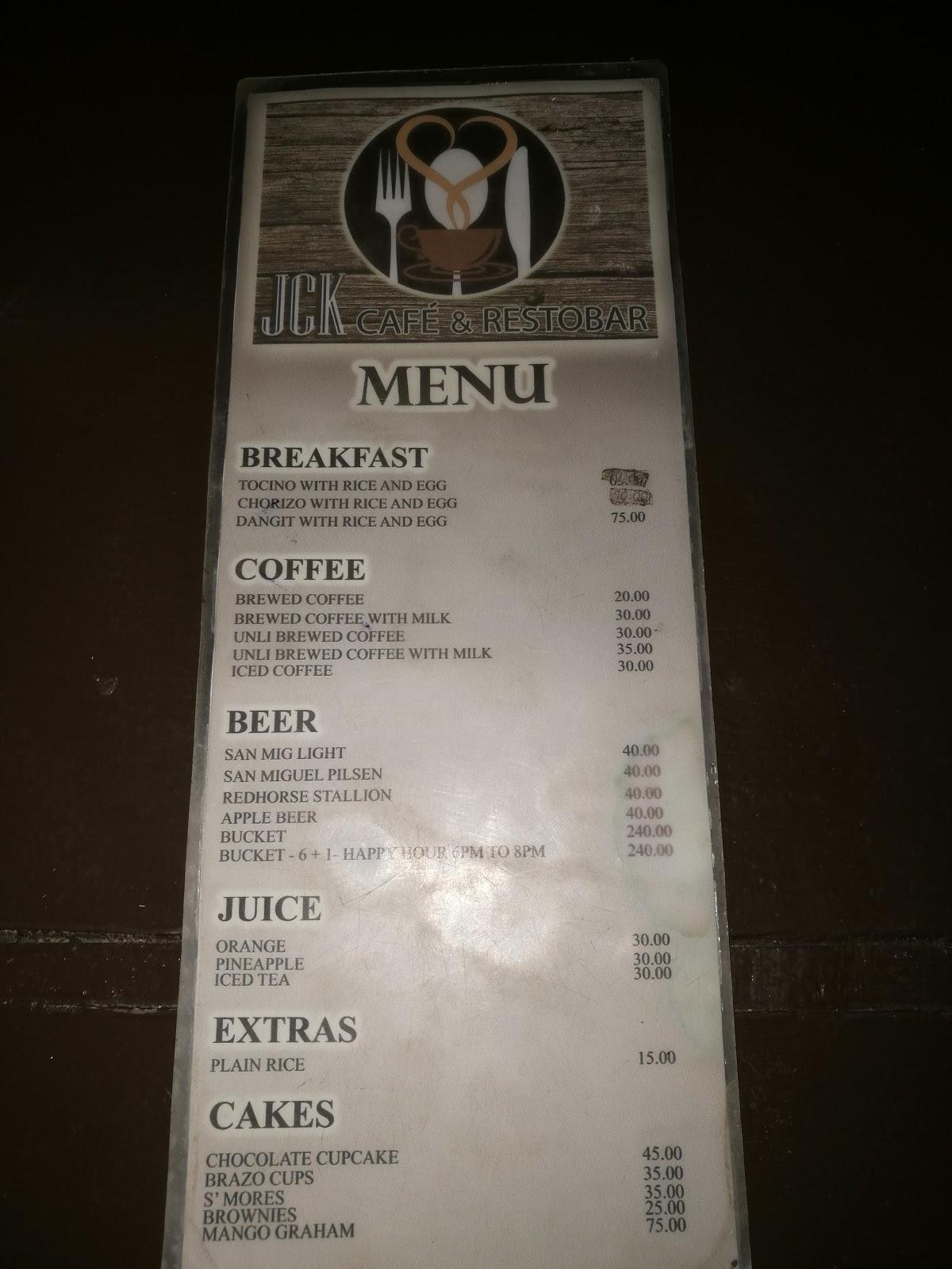 Menu at JCK Cafe & Bar, Cadiz City