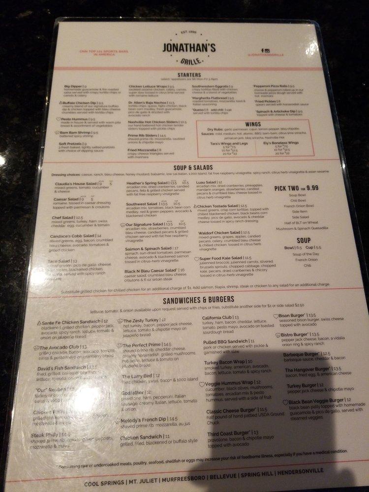 Menu at Jonathan's Grille pub & bar, Murfreesboro